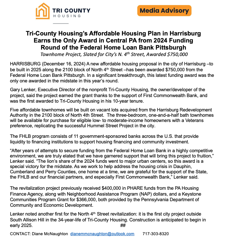 Tri-County Housing’s Affordable Housing Plan in Harrisburg Earns the ...